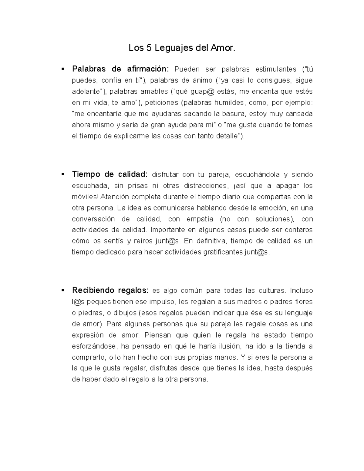 Los 5 lenguajes del amor - Los 5 Leguajes del Amor. Palabras de afirmación: Pueden ser palabras ...