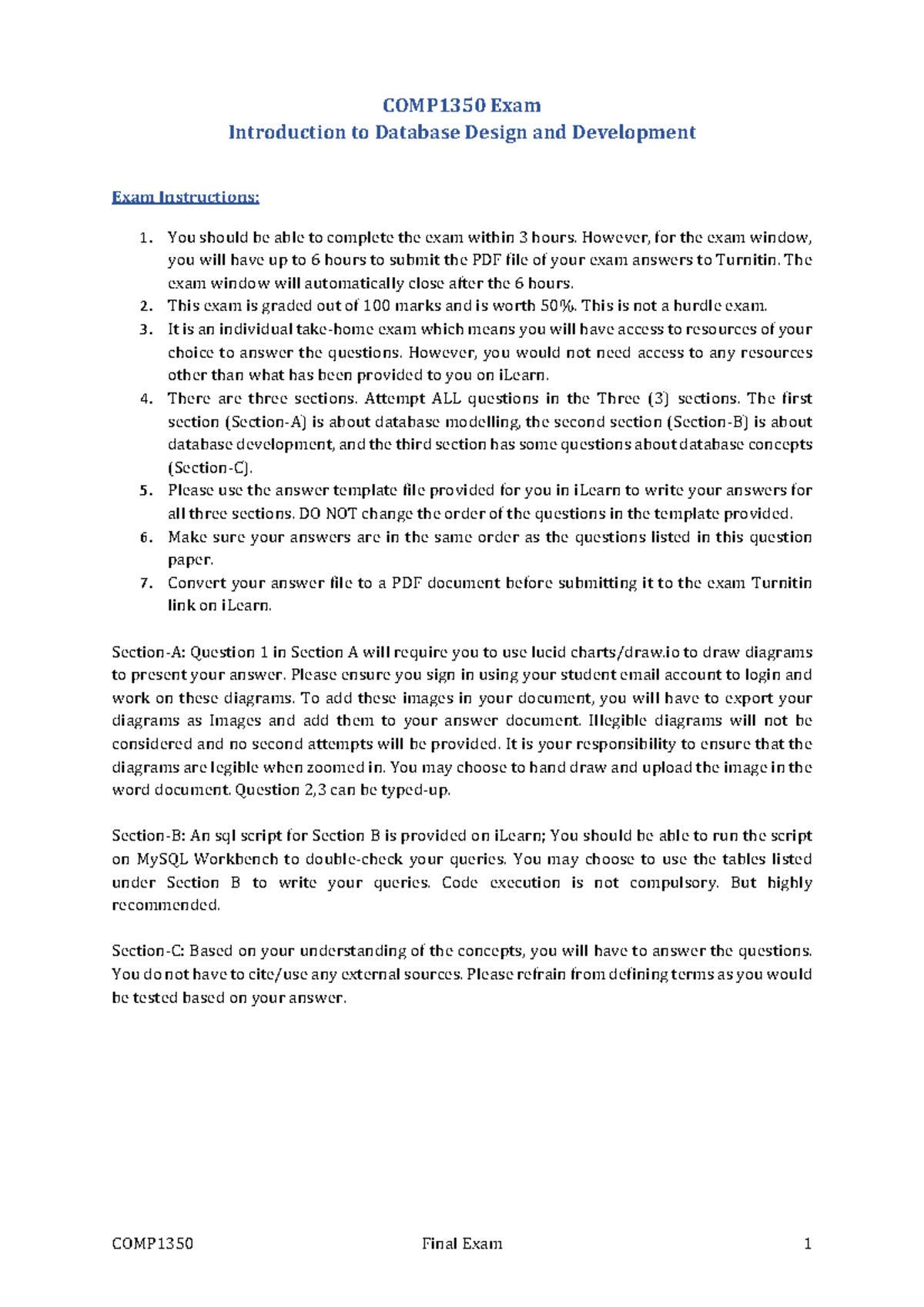 COMP1350 Final Exam Final Version - COMP 1350 Exam Introduction to Database Design and ...