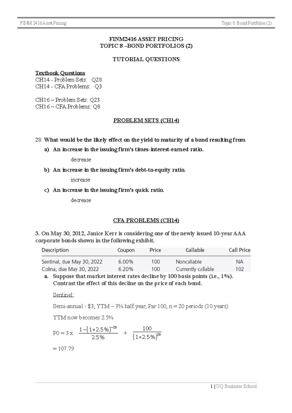 Tutorial Questions and answers for Week 8(1) - FINM2416 ASSET PRICING ...