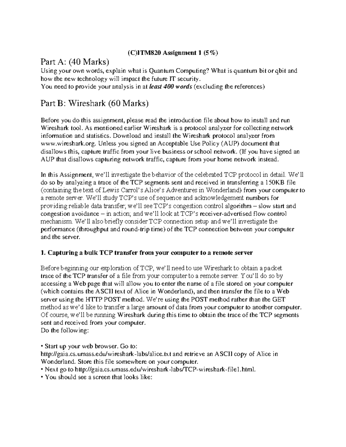 Wireshark ITM820 Assignment 1 - (C)ITM820 Assignment 1 (5%) Part A: (40 ...