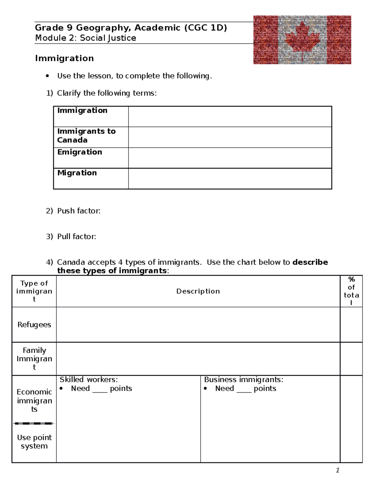 Lesson 29 immigration worksheet - Grade 9 Geography, Academic (CGC 1D ...