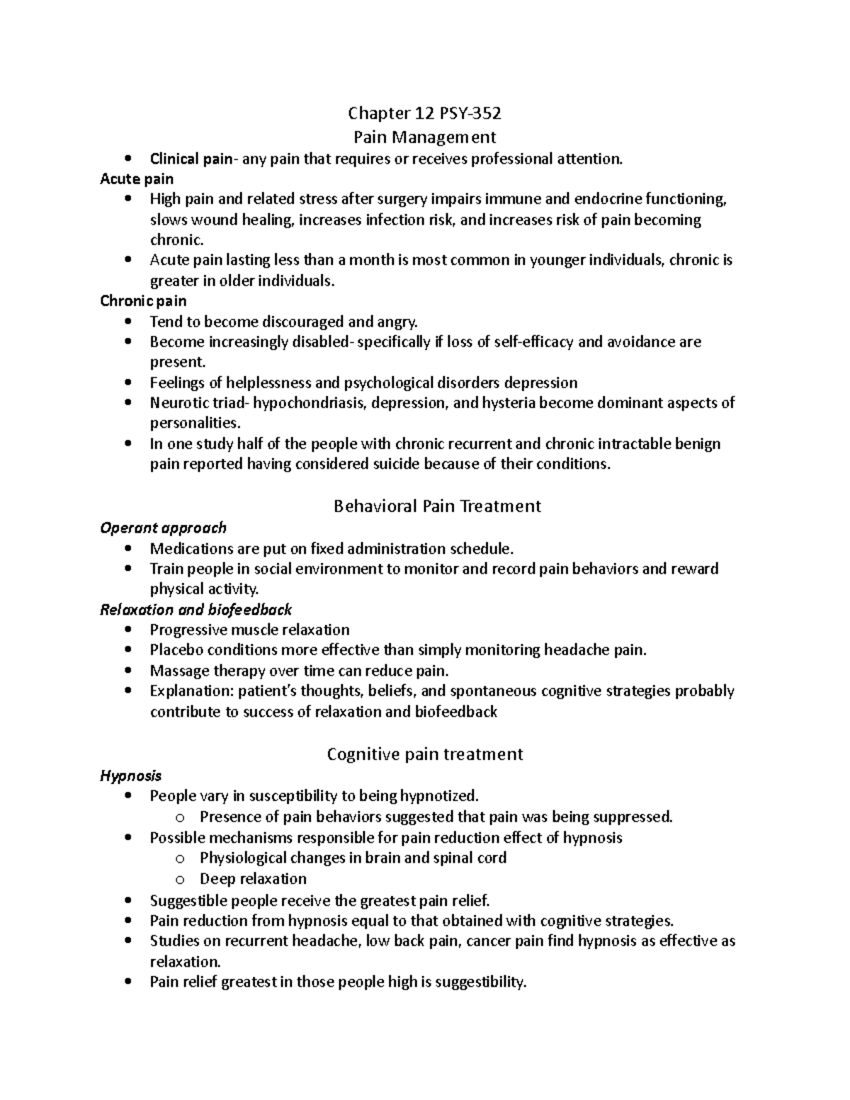 Chapter 12 psy 352 - notes - Chapter 12 PSY- Pain Management Clinical ...