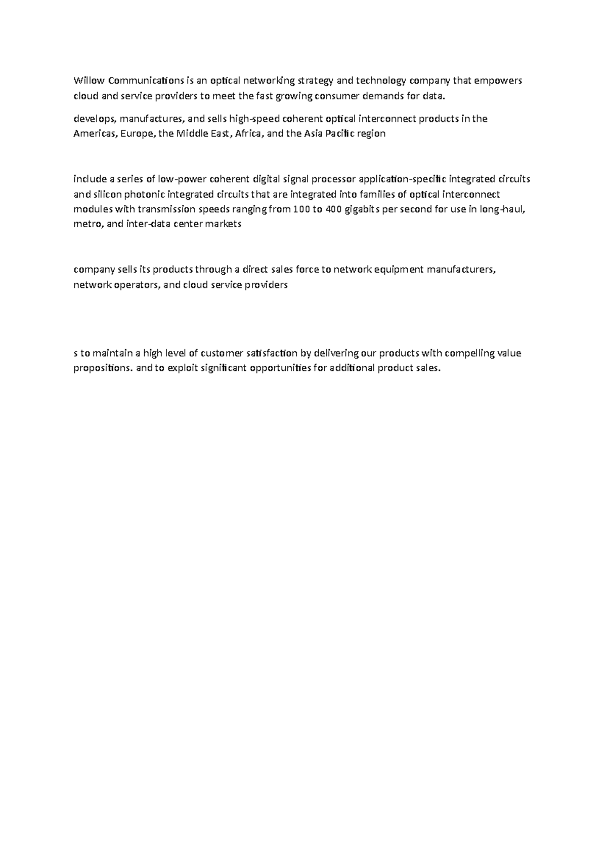 Overview - Accounts - Willow Communications is an optical networking ...