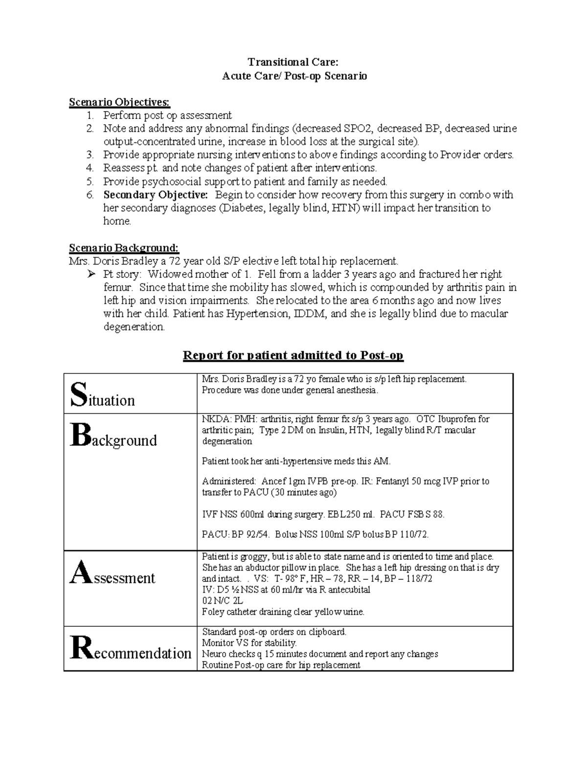 Pacu scenario - Transitional Care: Acute Care/ Post-op Scenario ...