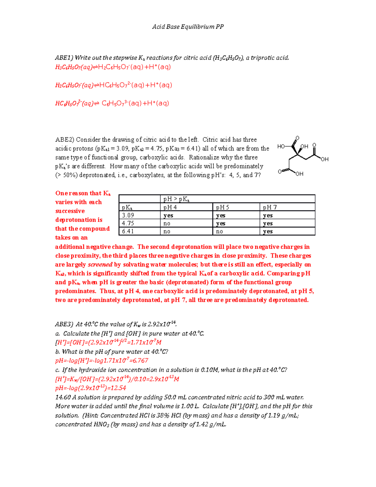 Acid Base Equilibrium PP key - ABE1) Write out the stepwise Ka ...