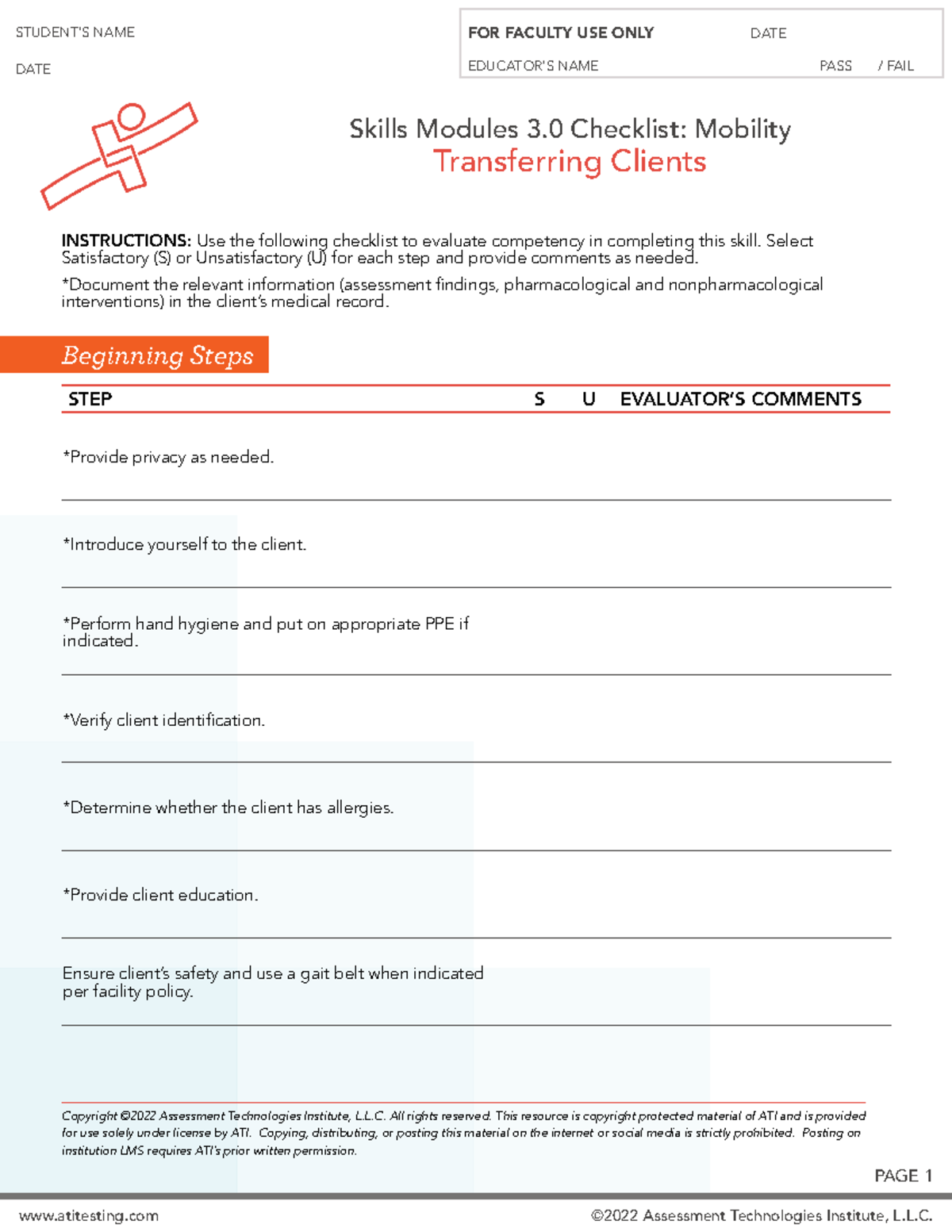 Skills Checklist Mobility Transferring - PAGE 1 Copyright ©2022 ...