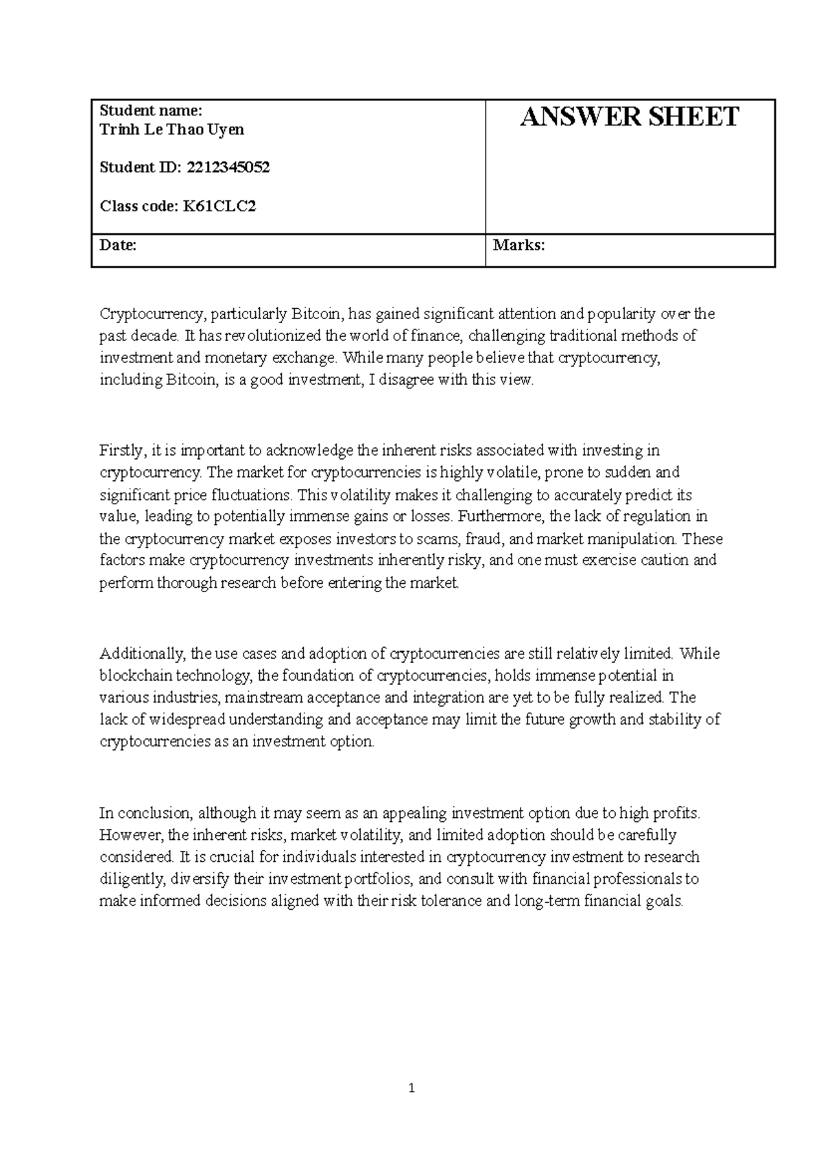 Answer sheet 2022 Updated - Student name: Trinh Le Thao Uyen Student ID ...