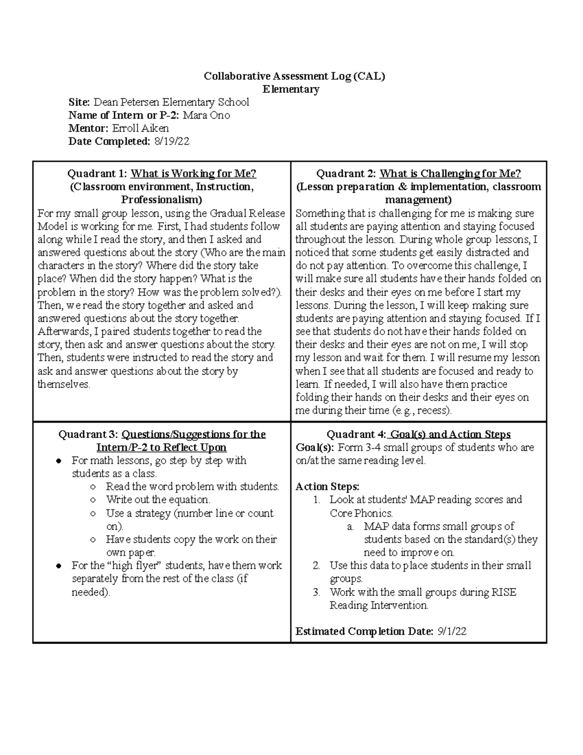 CAL #1 (Lesson 1) - Collaborative Assessment Log (CAL) Elementary Site ...