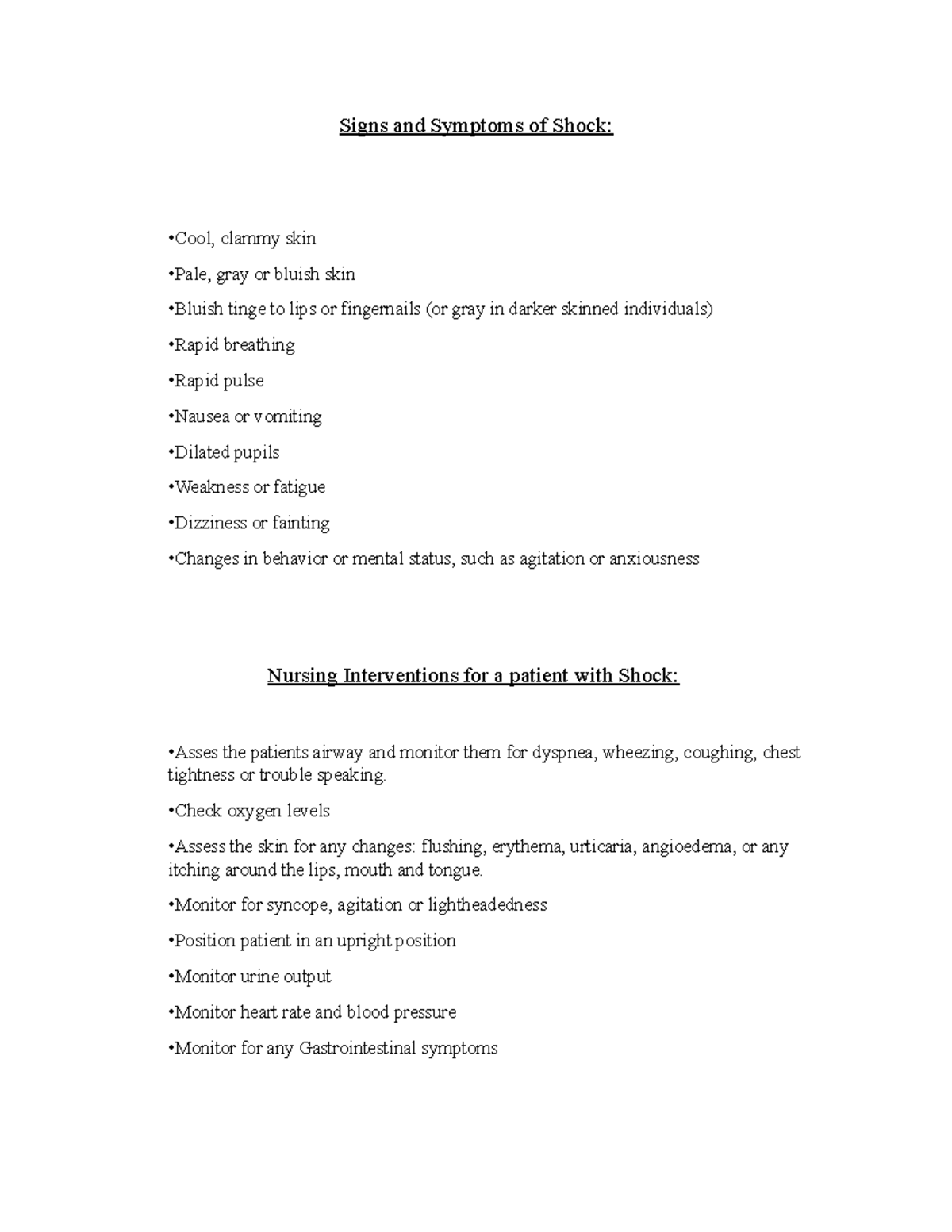 Emergency Project - Shock - Signs and Symptoms of Shock: •Cool, clammy ...