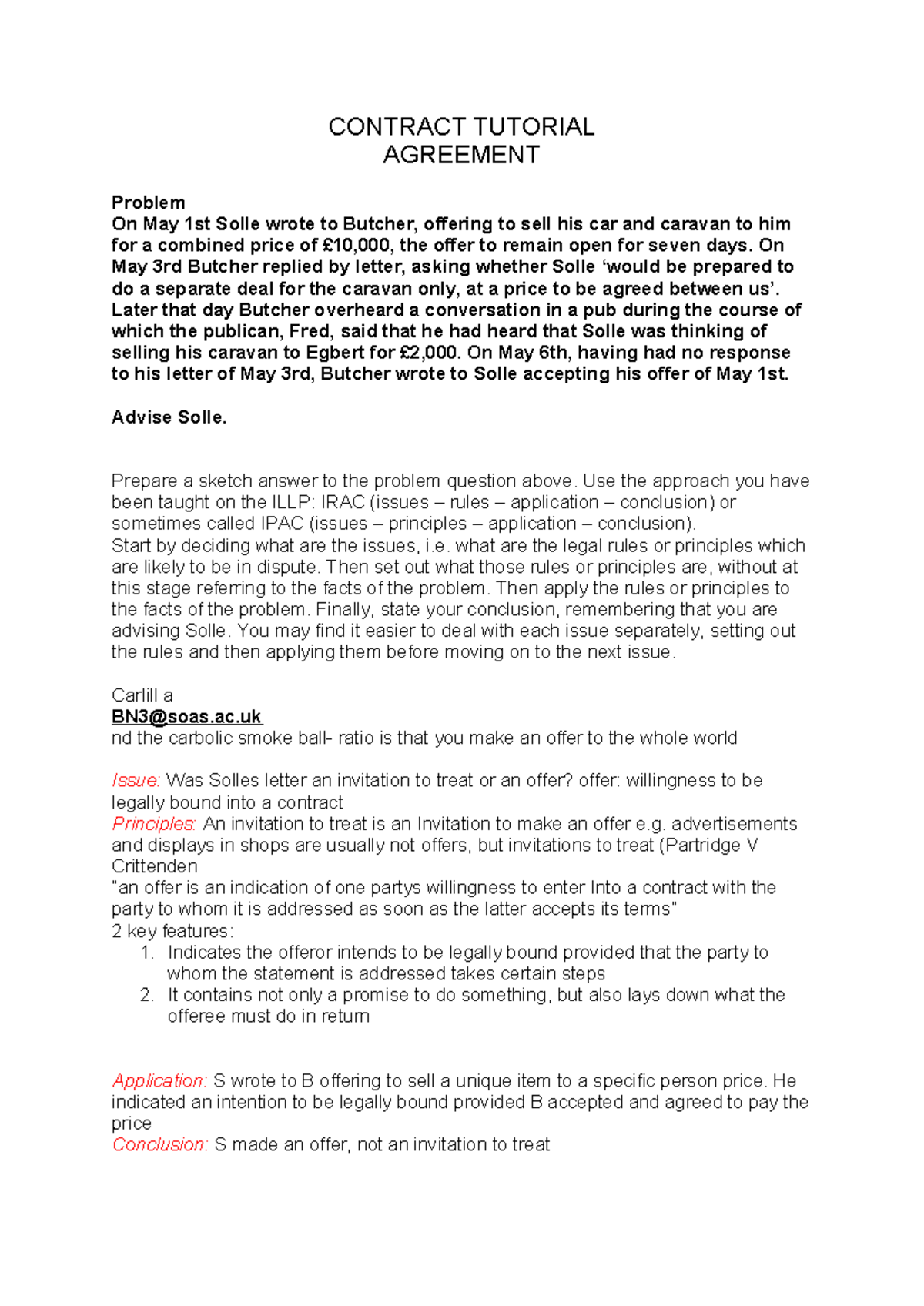 Tutorials No. 1 - Agreement - CONTRACT TUTORIAL AGREEMENT Problem On May 1st Solle wrote to ...