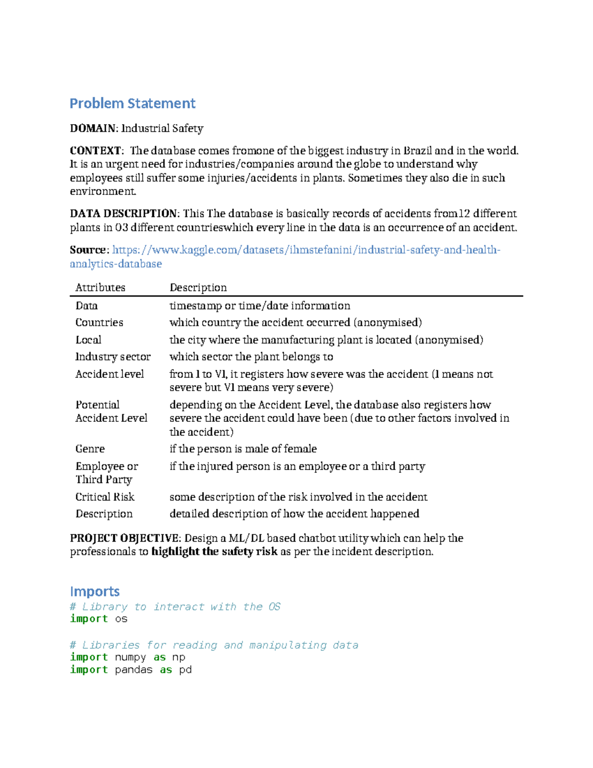 Industrial Safety and Health Accident Analysis - revised - Problem ...