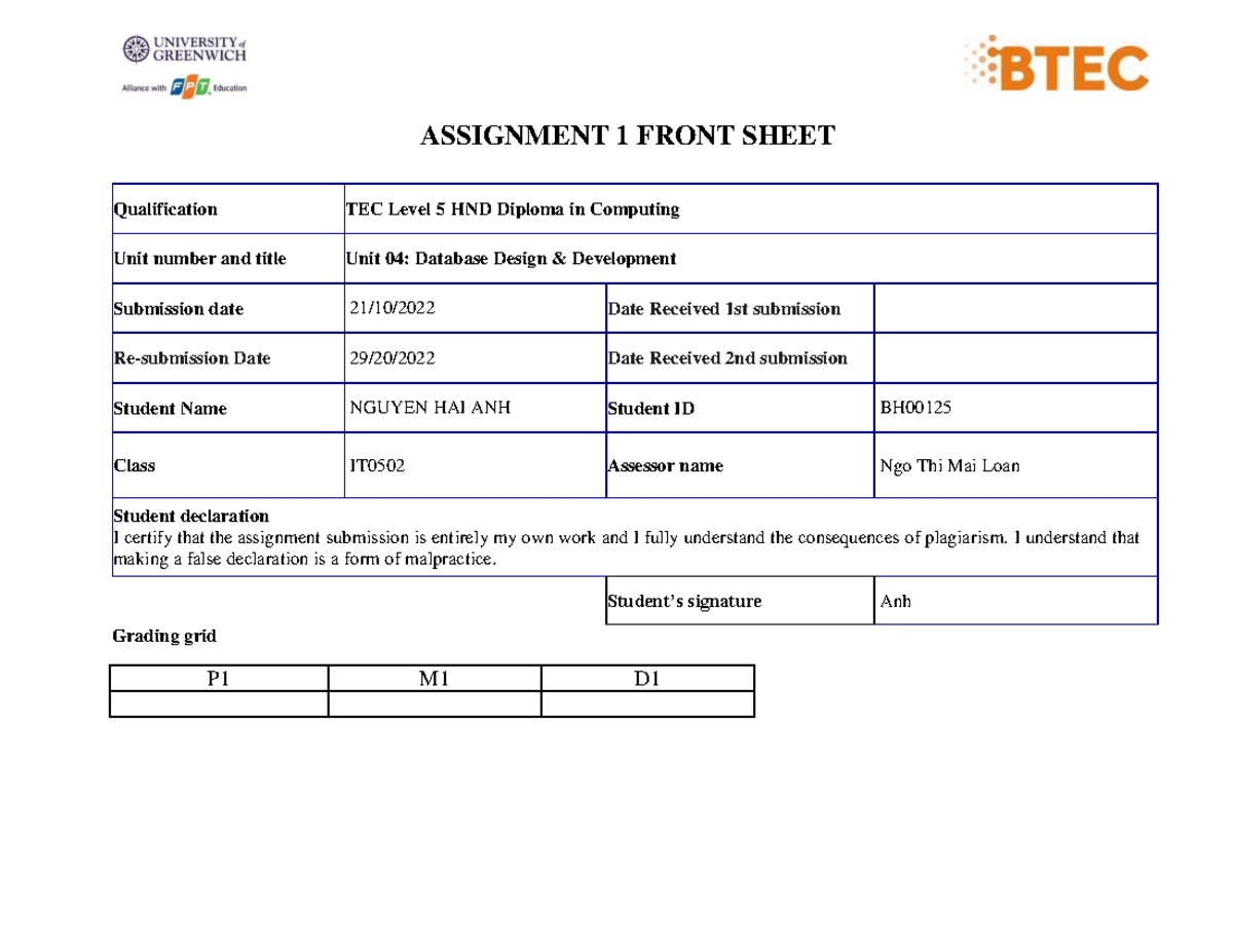 Asm1 Ddd Nguyen Hai Anh Bh00125 Assignment 1 Front Sheet Qualification Tec Level 5 Hnd