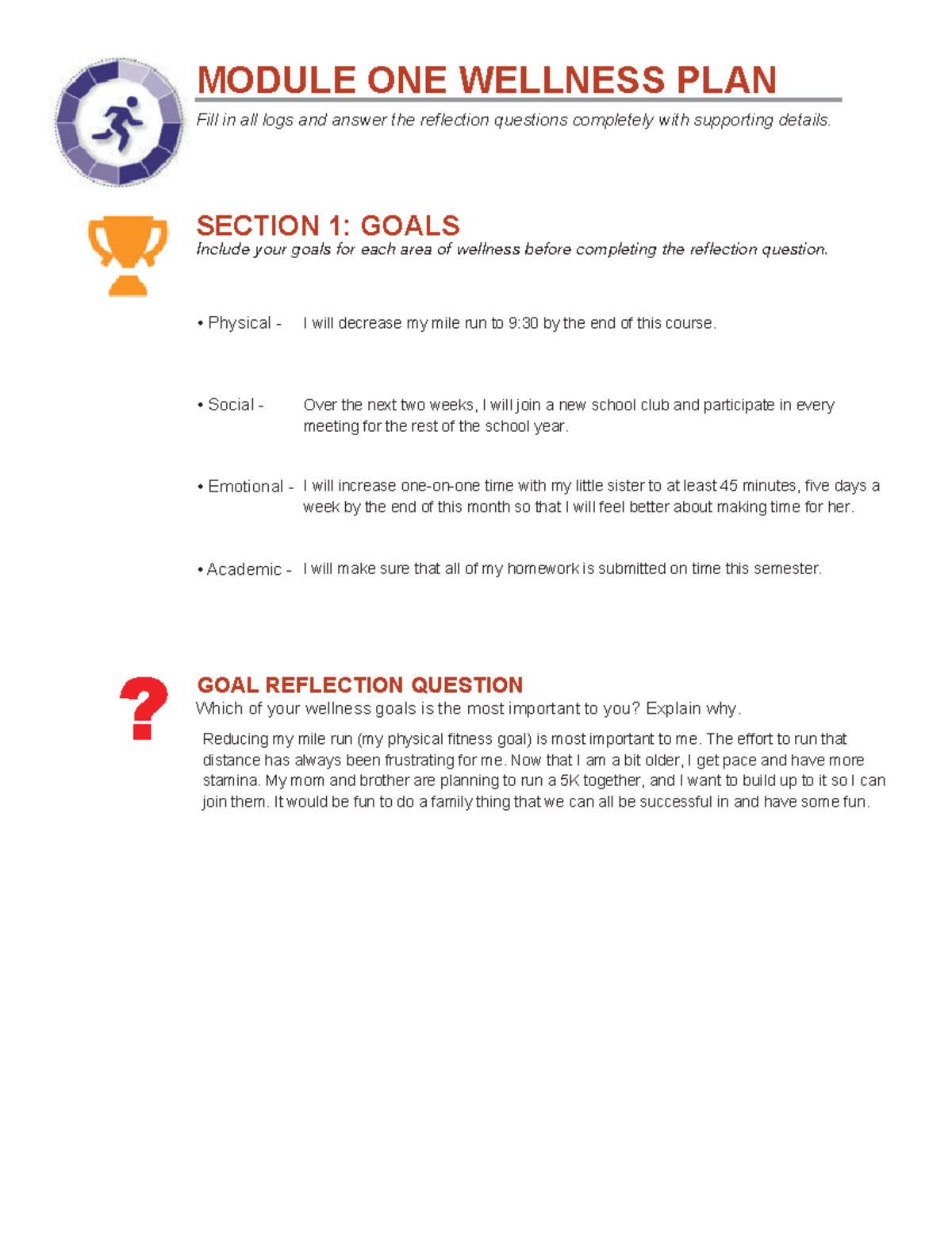 Module ONE Wellness PLAN - MODULE ONE WELLNESS PLAN SECTION 1: GOALS ...