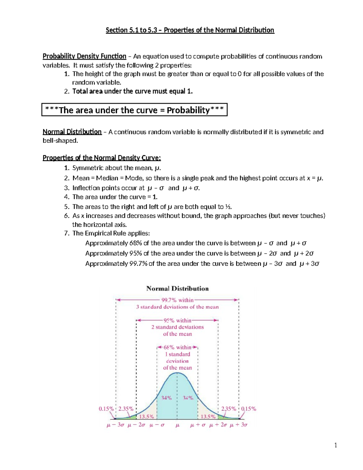 5.1 - 5.3 - Normal Distribution Notes - Section 5 to 5 – Properties of ...