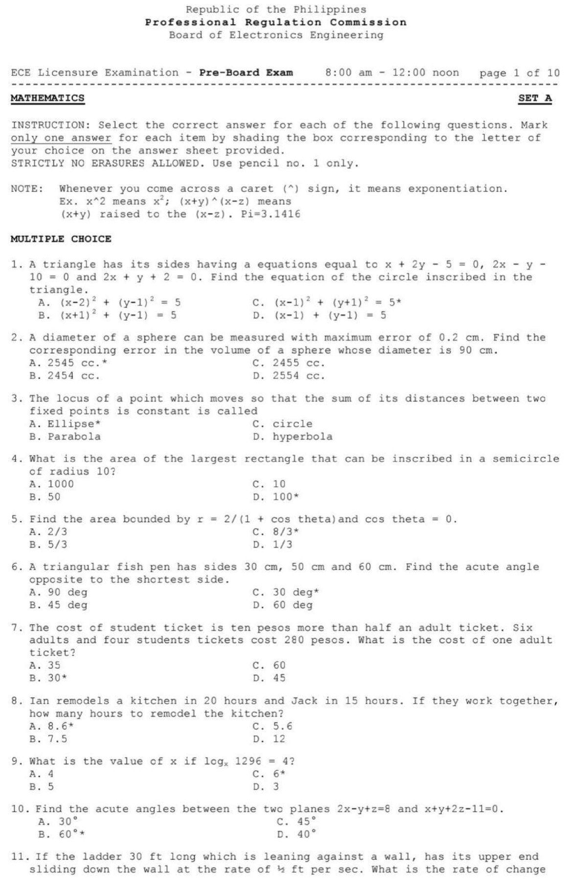 ECE- Preboard - ECE board - Bachelor of Science in Electrical ...