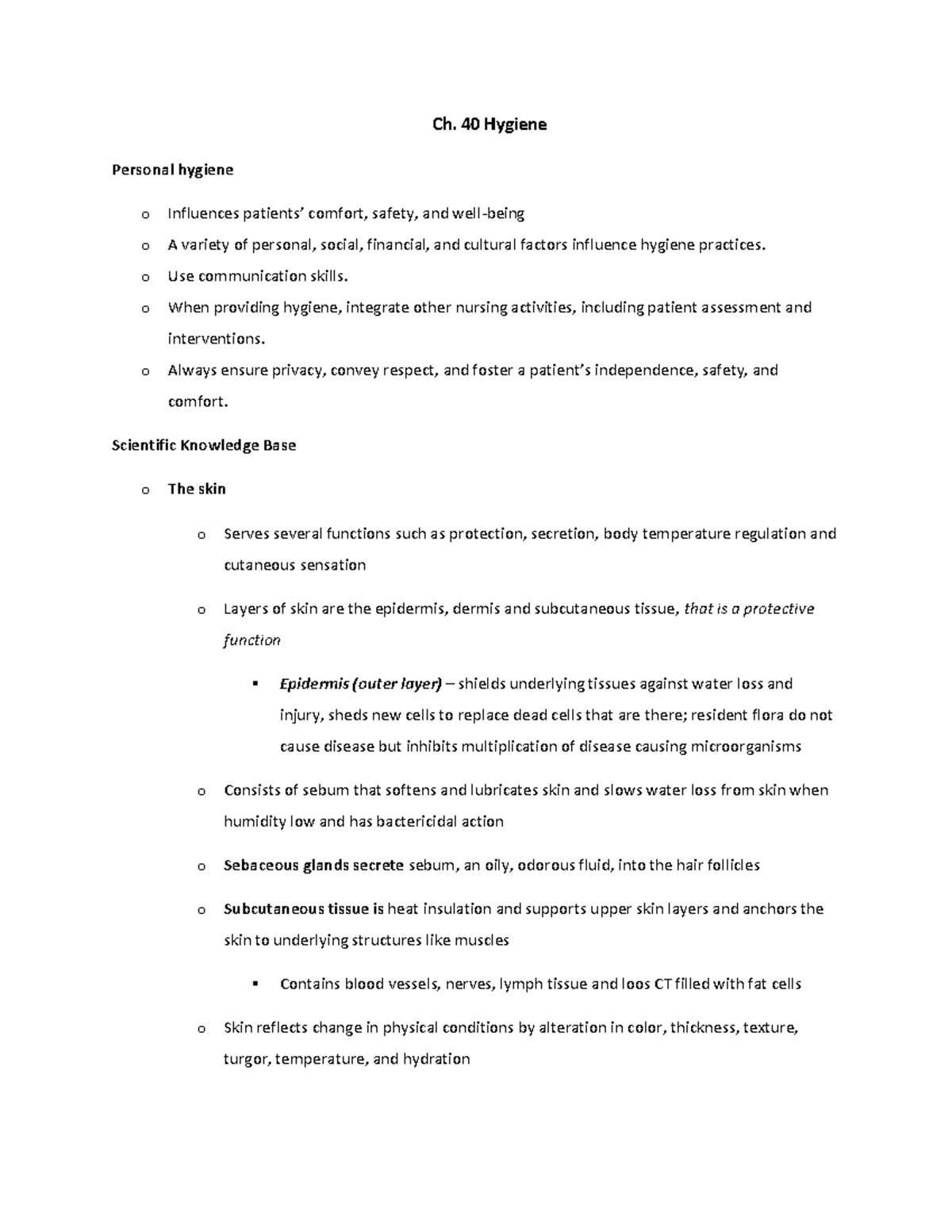 Ch.40 hygiene - lecture - Ch. 40 Hygiene Personal hygiene o Influences ...