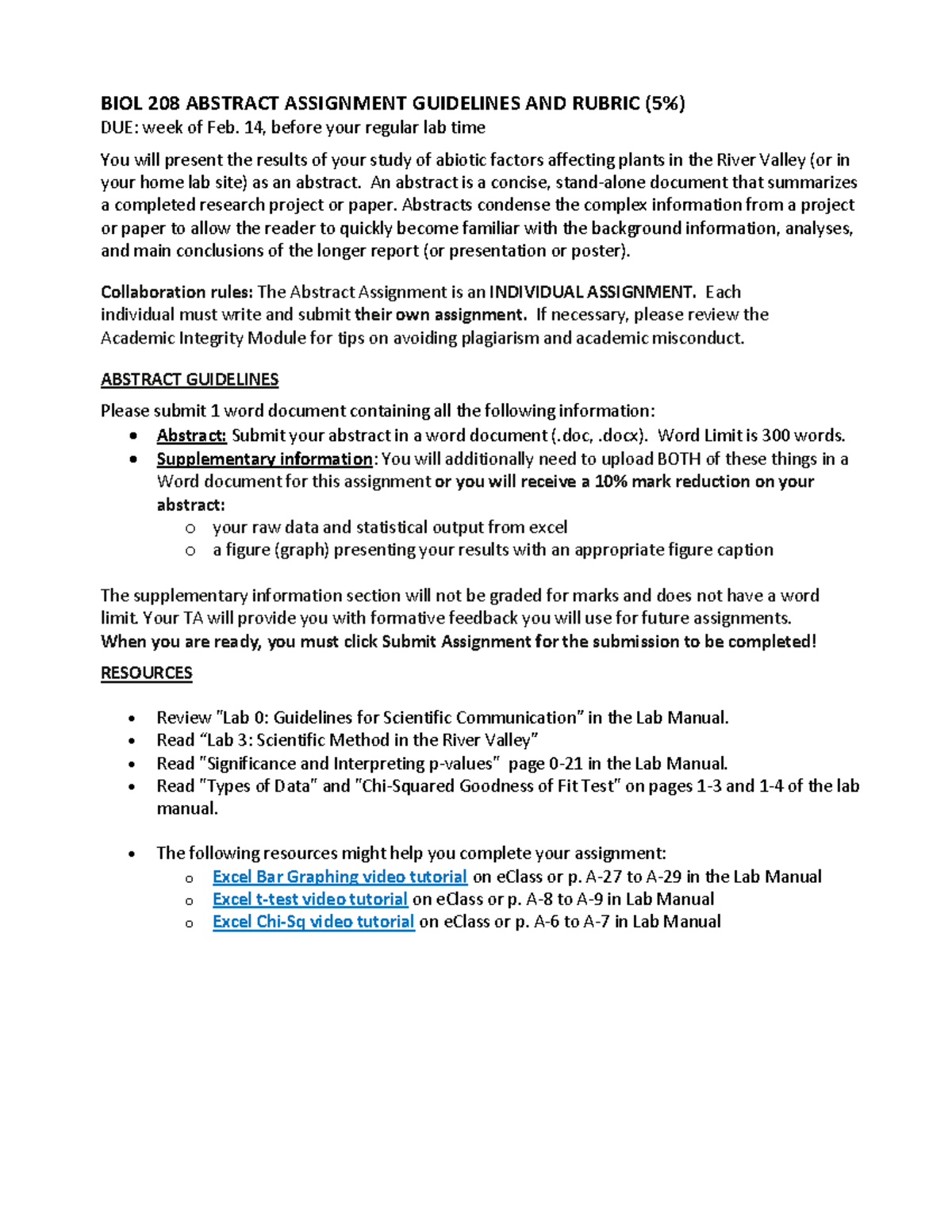 W22 Abstract guidelines student rubric - BIOL 208 ABSTRACT ASSIGNMENT ...