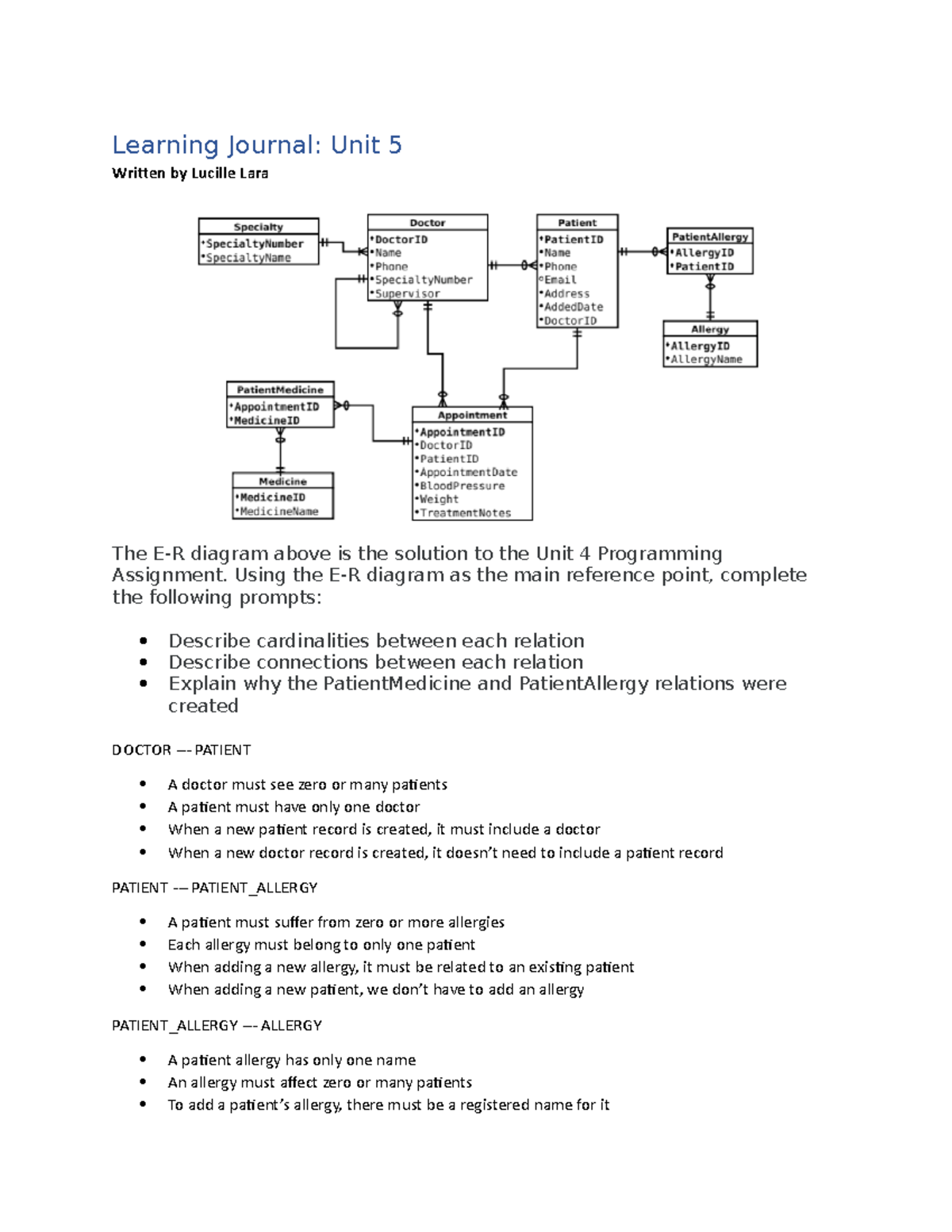 Learning Journal 5 Databases 1 - Learning Journal: Unit 5 Written by Lucille Lara The E-R ...