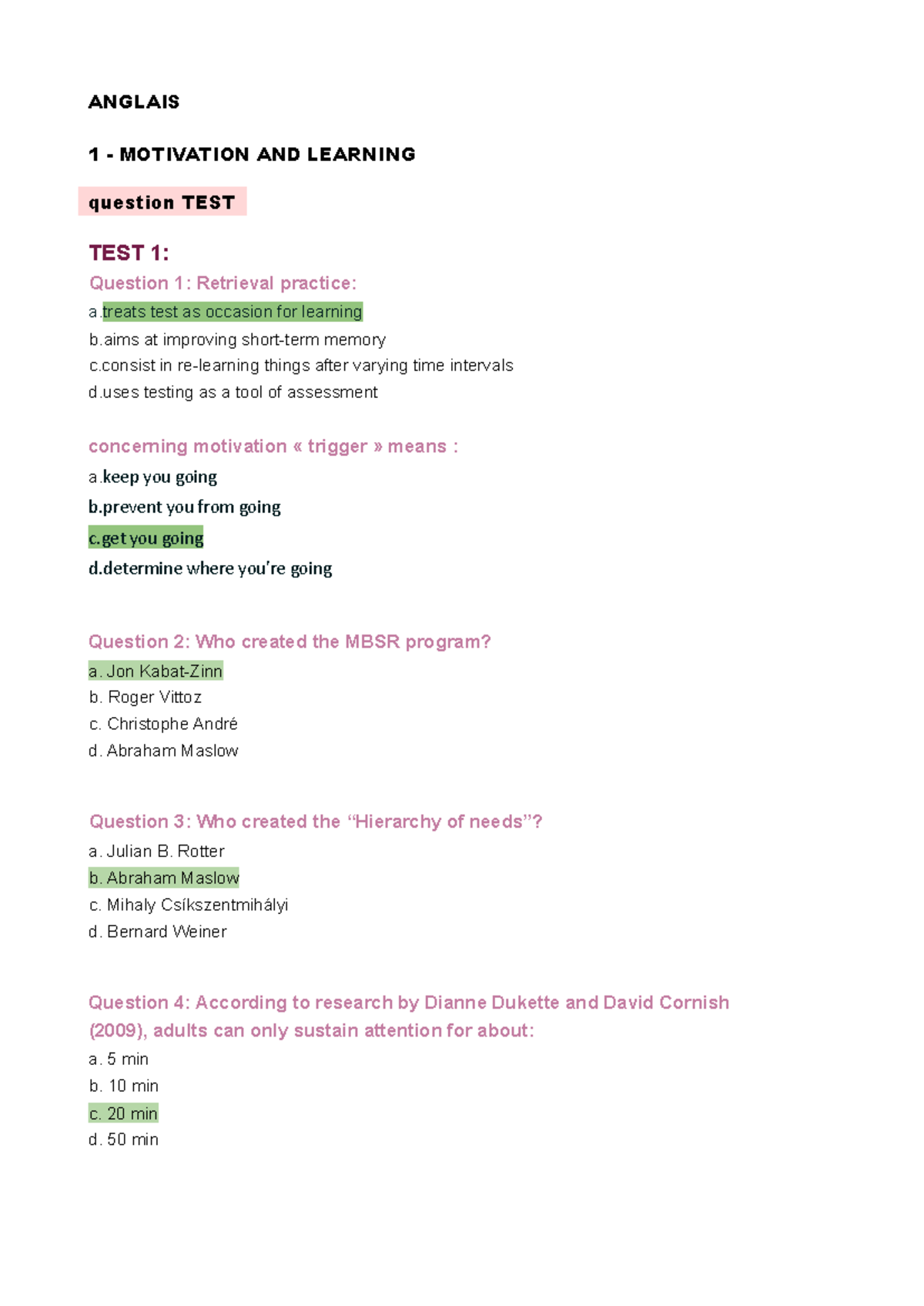 Test anglais - ANGLAIS 1 - MOTIVATION AND LEARNING question TEST TEST 1 ...