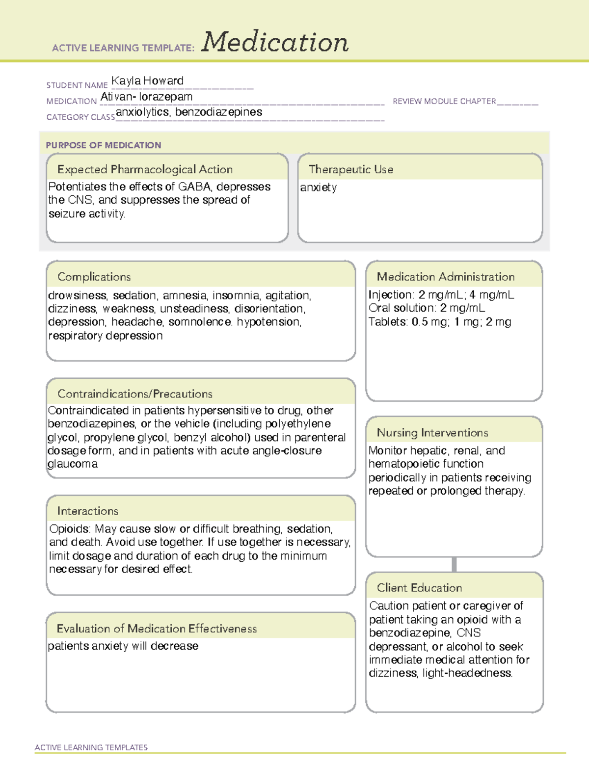 Ativan - med sheets - ACTIVE LEARNING TEMPLATES Medication STUDENT NAME ...