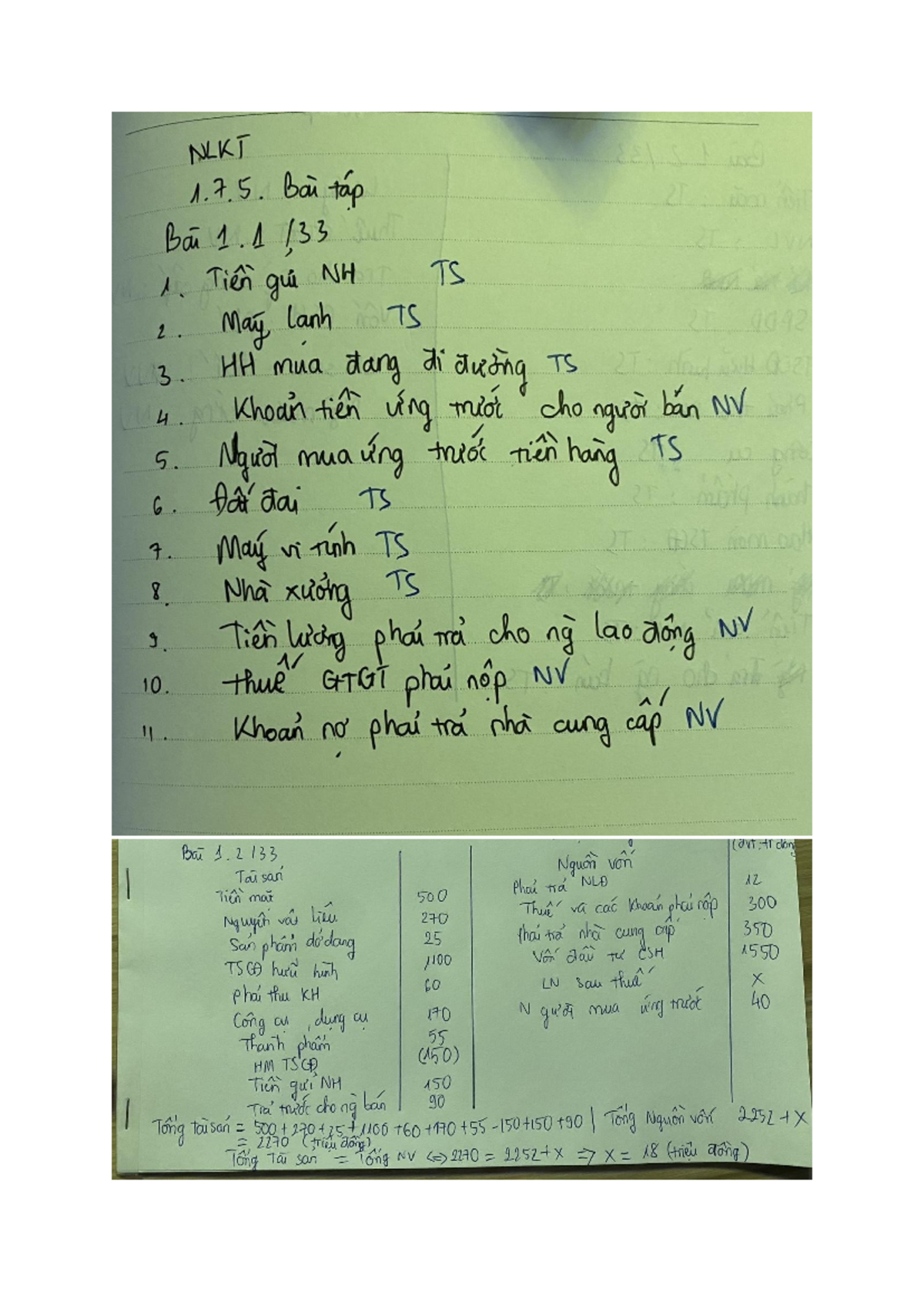 BT1 nlkt ôn tập - NLKT 1.7. Bai tap Bau 1 Tien gui NH TS 2. May lanh TS 3. HH mua dang di during ...