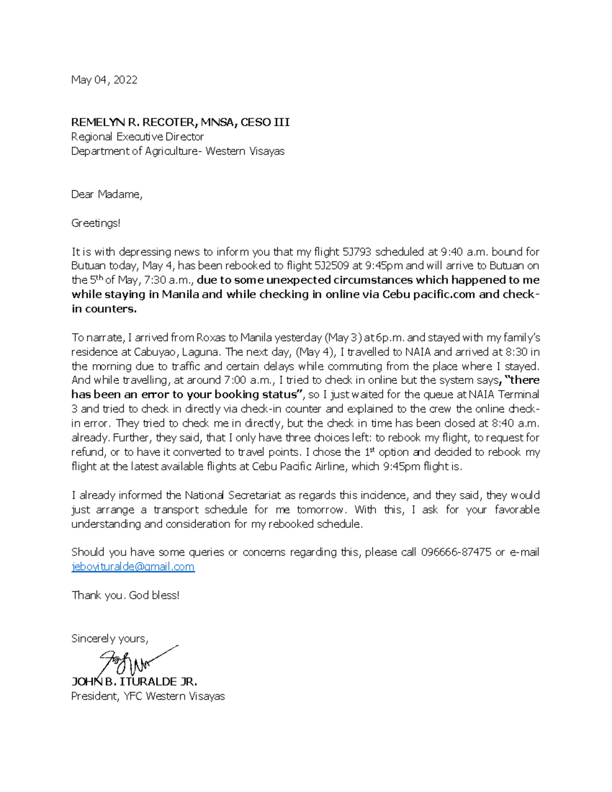 Letter to Explain the incidence to a rebooked flight - Social Science ...