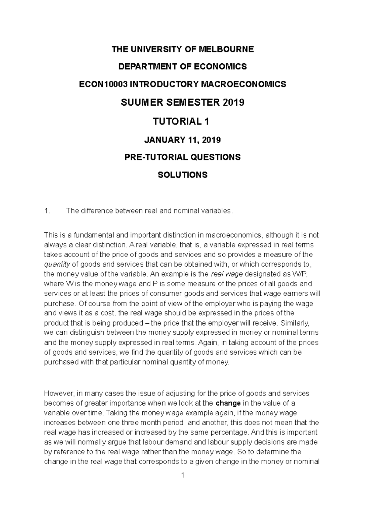 Pre-Tutorial Sheet 1 Solutions - THE UNIVERSITY OF MELBOURNE DEPARTMENT ...