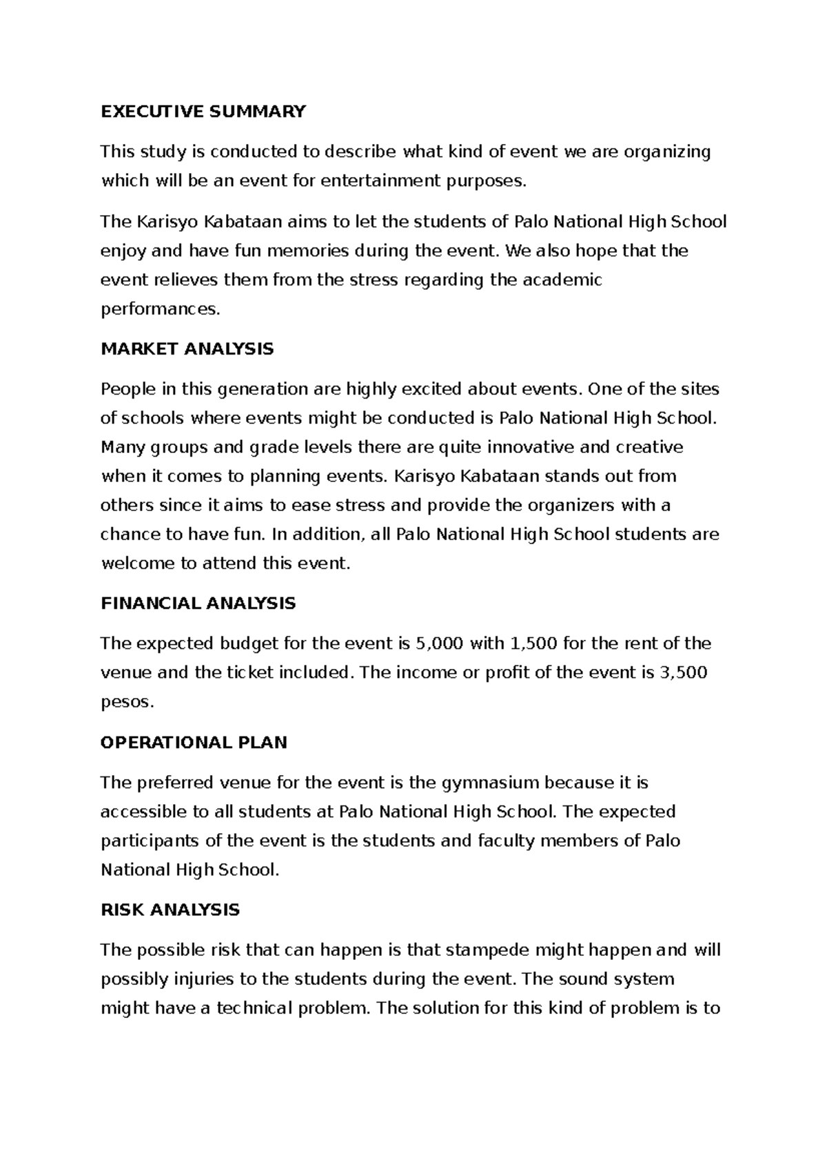Event Management Documents - EXECUTIVE SUMMARY This study is conducted ...