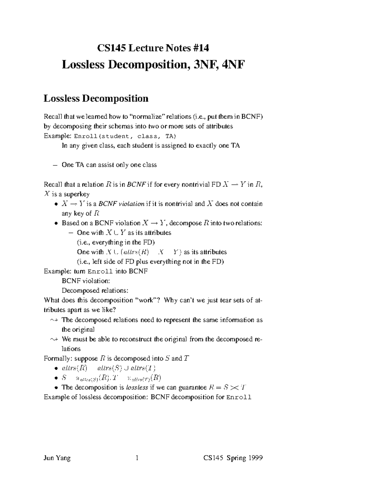 Normal Forms Lecture Notes - CS145 Lecture Notes Lossless Decomposition ...