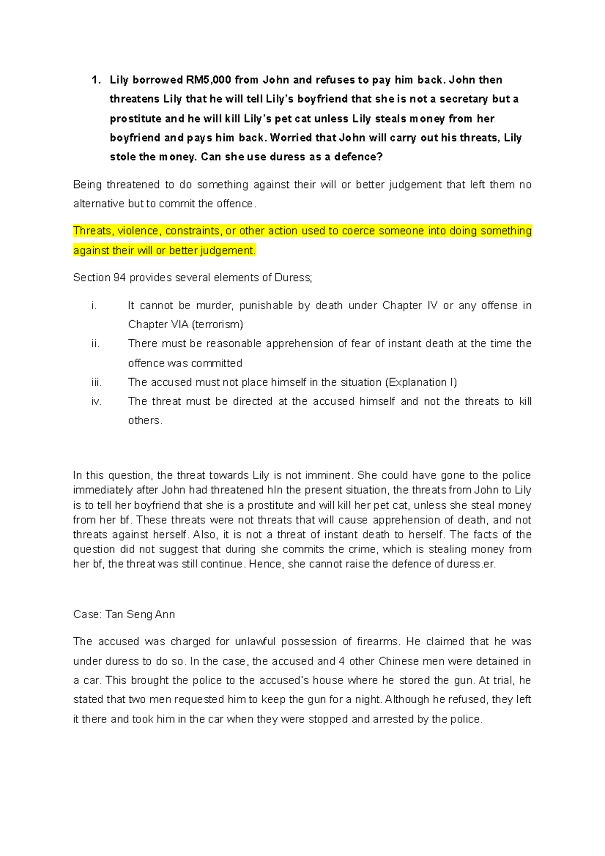 Duress - Criminal Law I - Studocu