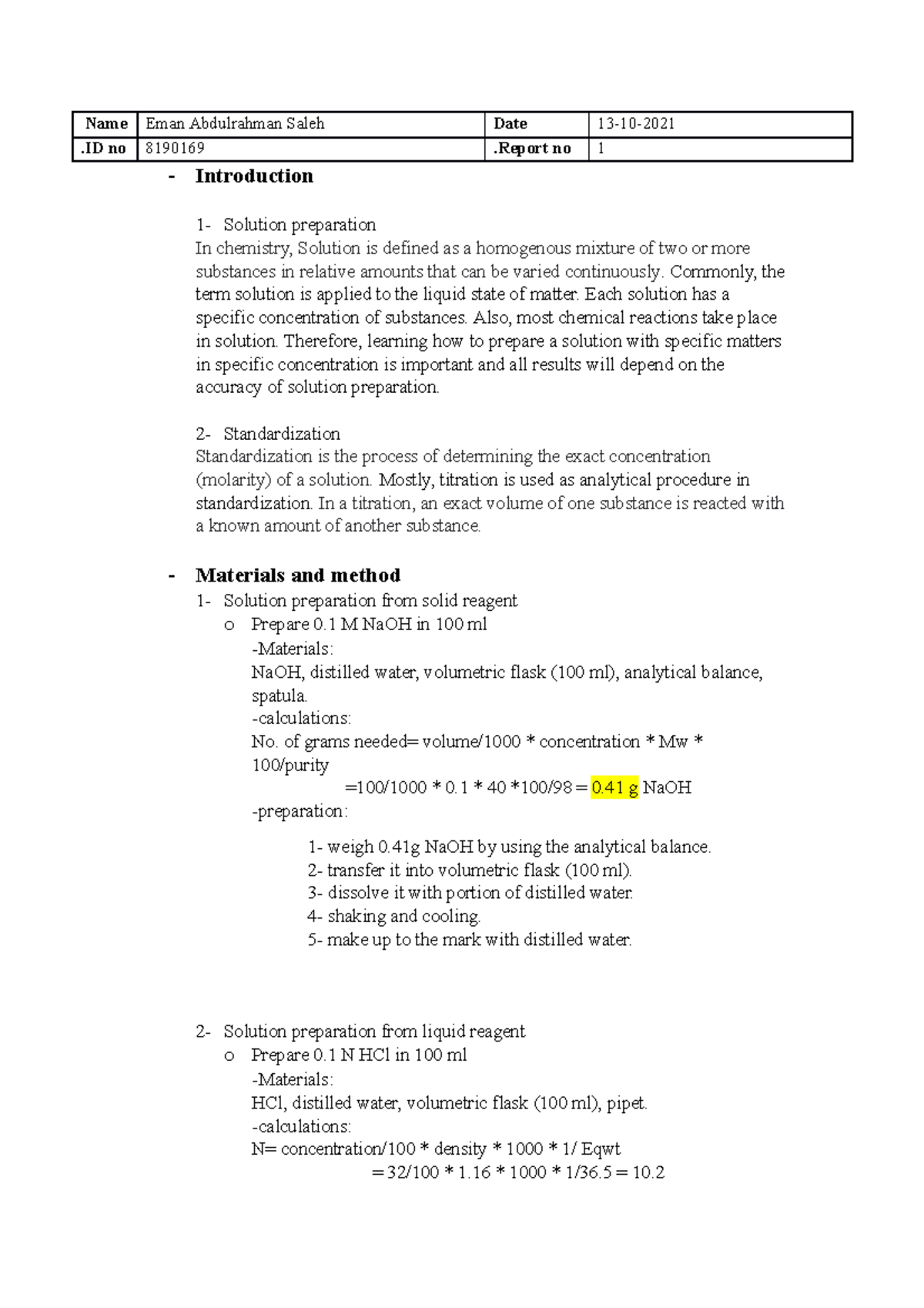 Instrumental report 1 - Name Eman Abdulrahman Saleh Date 13-10- .ID no ...