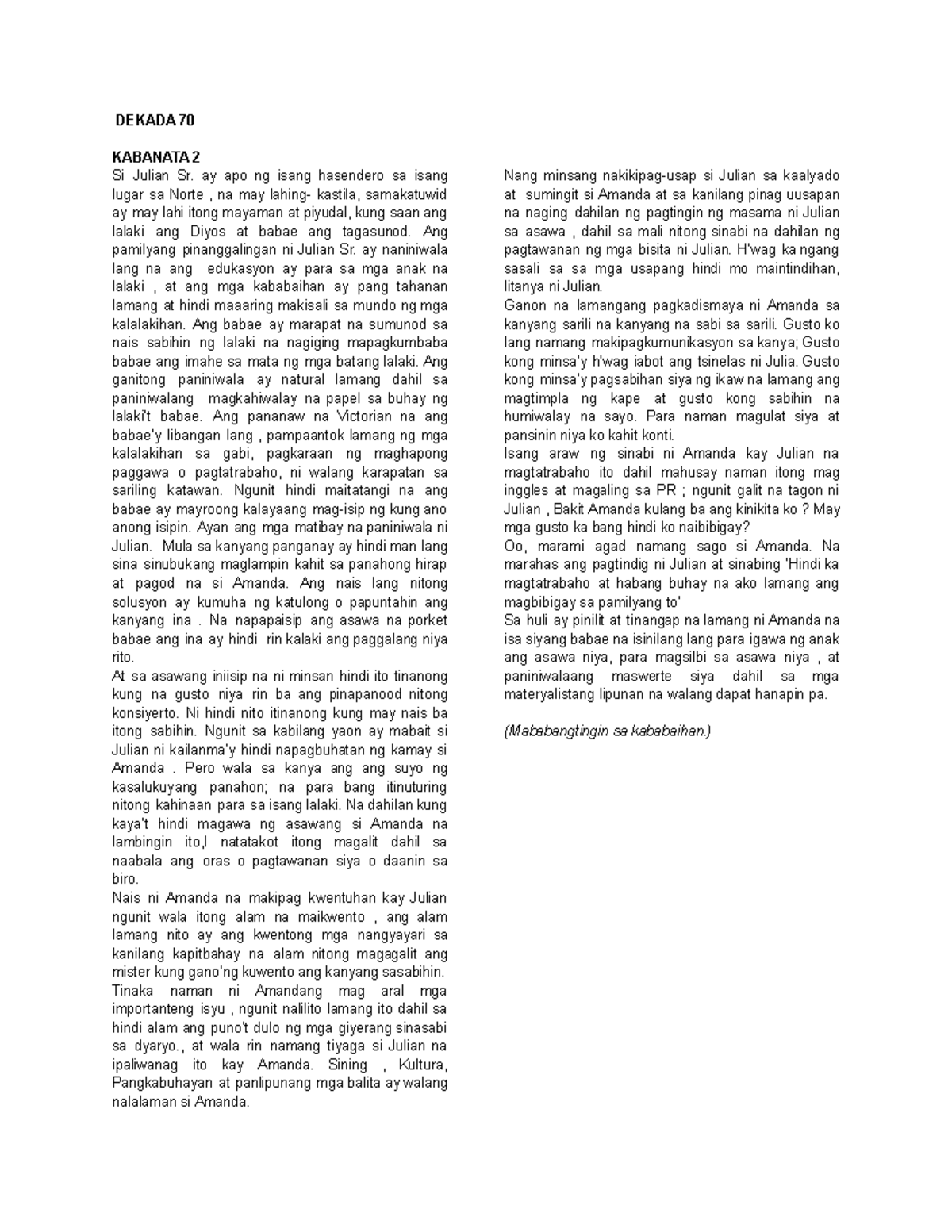 Buod Kabanata 1-5 - BUOD NG DEKADA 70 - DEKADA 70 KABANATA 2 Si Julian ...