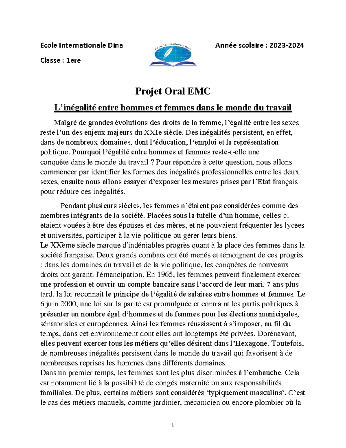 Projet 4 EMC 1ere 2024 - emc - Ecole Internationale Dina Année scolaire ...