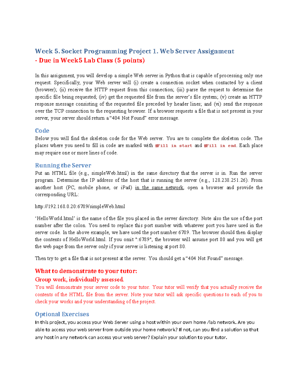 Week5 Project 1 Task Sheet Web Server 1 - Week 5. Socket Programming Project 1. Web Server - Studocu