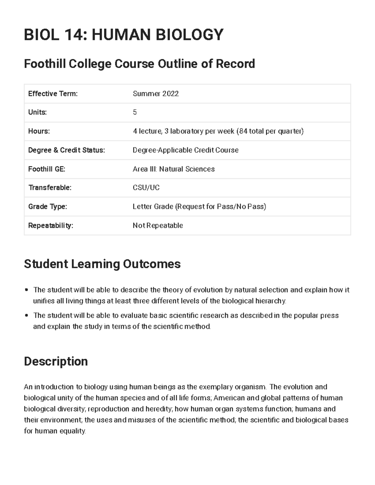 BIOL 14 Human Biology Foothill College - BIOL 14: HUMAN BIOLOGY ...
