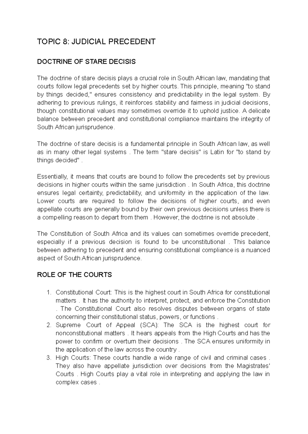 Intro law notes second semester - TOPIC 8: JUDICIAL PRECEDENT DOCTRINE ...