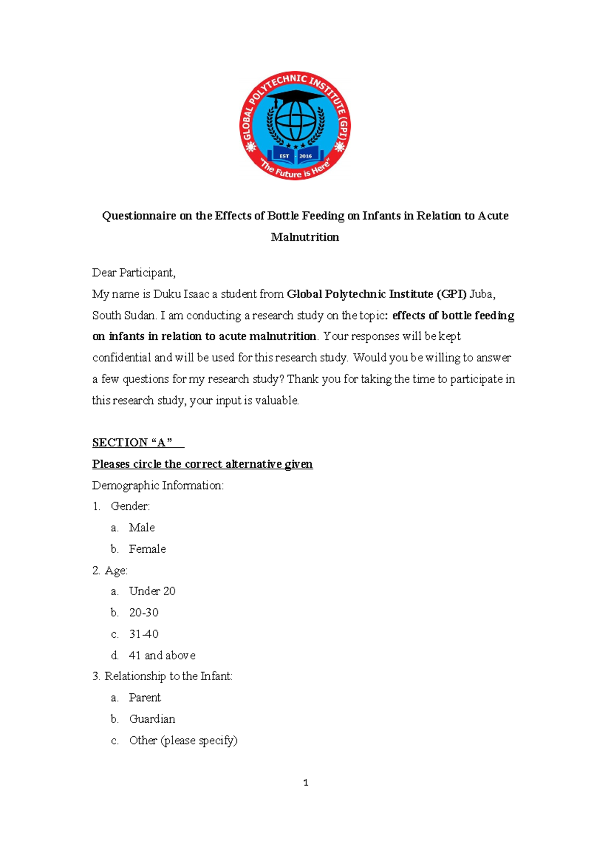 Duku Isaac questionnaire - Questionnaire on the Effects of Bottle ...