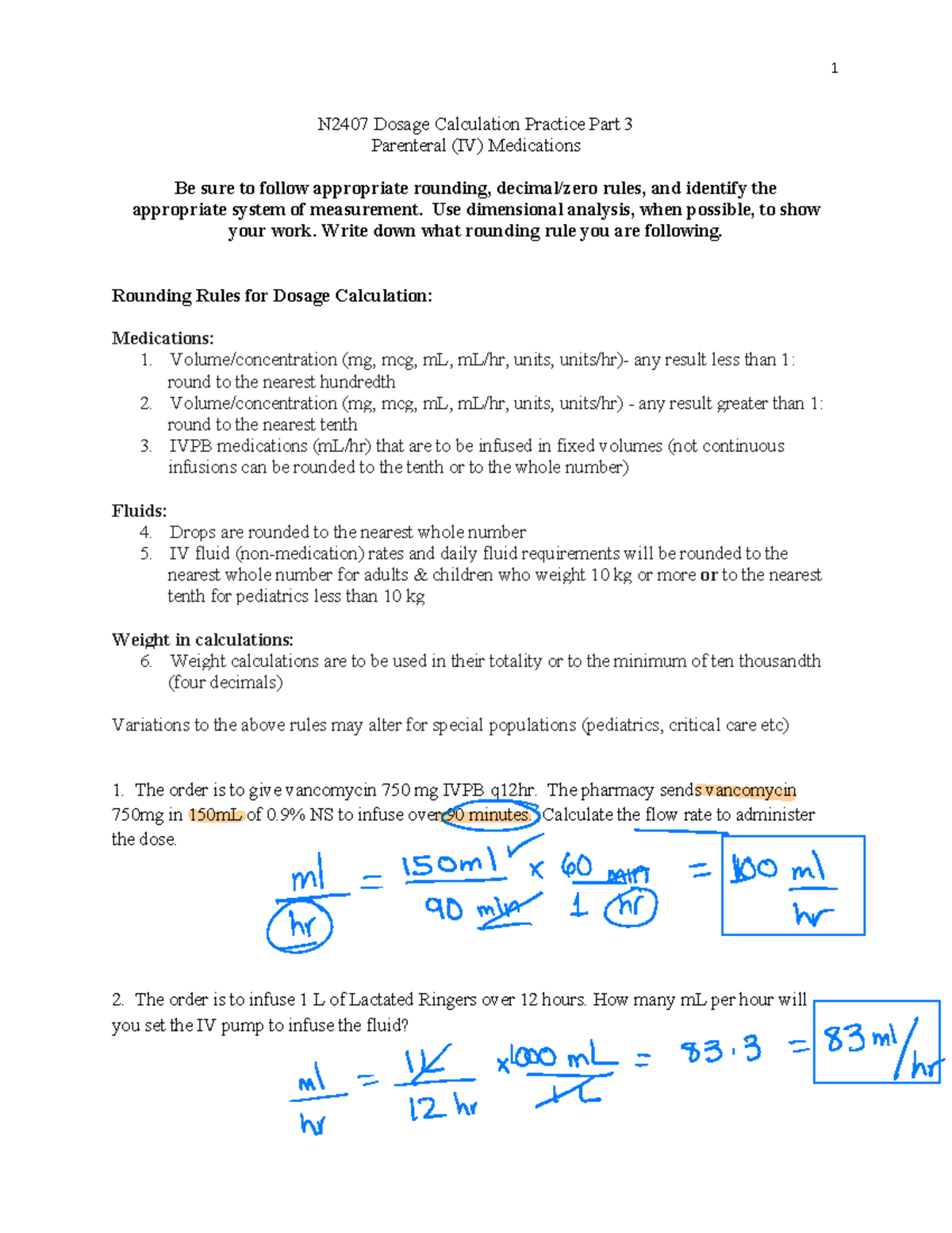 N2407 Dosage Calculation Practice Part 3 Parenteral Medications answ ...
