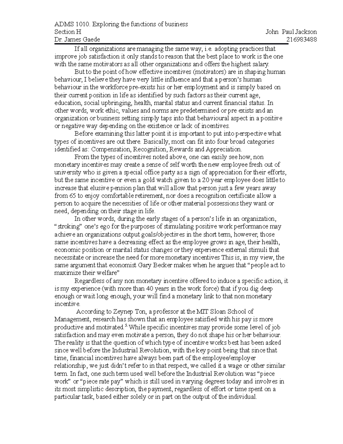 Assignment 7 - According to Zeynep Ton, a professor at the MIT Sloan ...