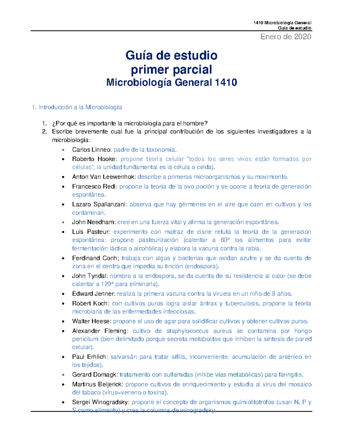 Guía de estudio primer parcial Microbiología general - Guía de estudio Enero de 2020 Guía de ...