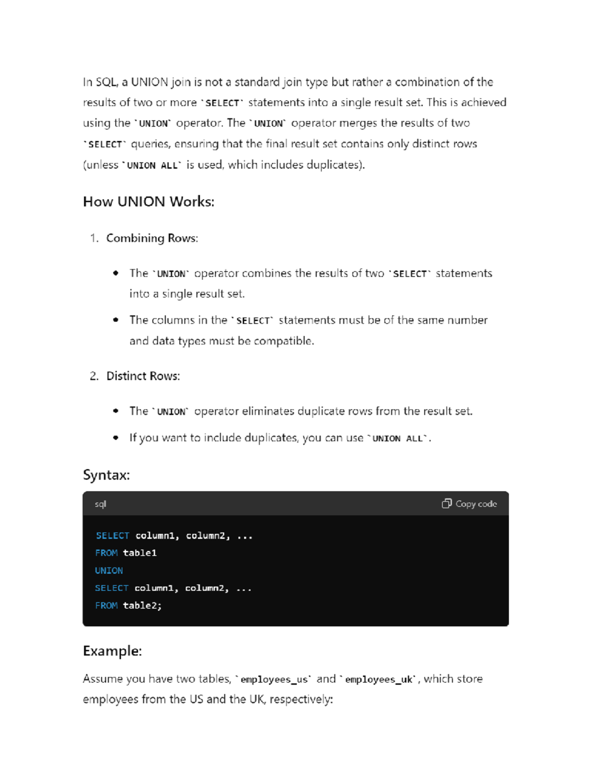 Union SQL - In SQL, a UNION join is not a standard join type but rather ...