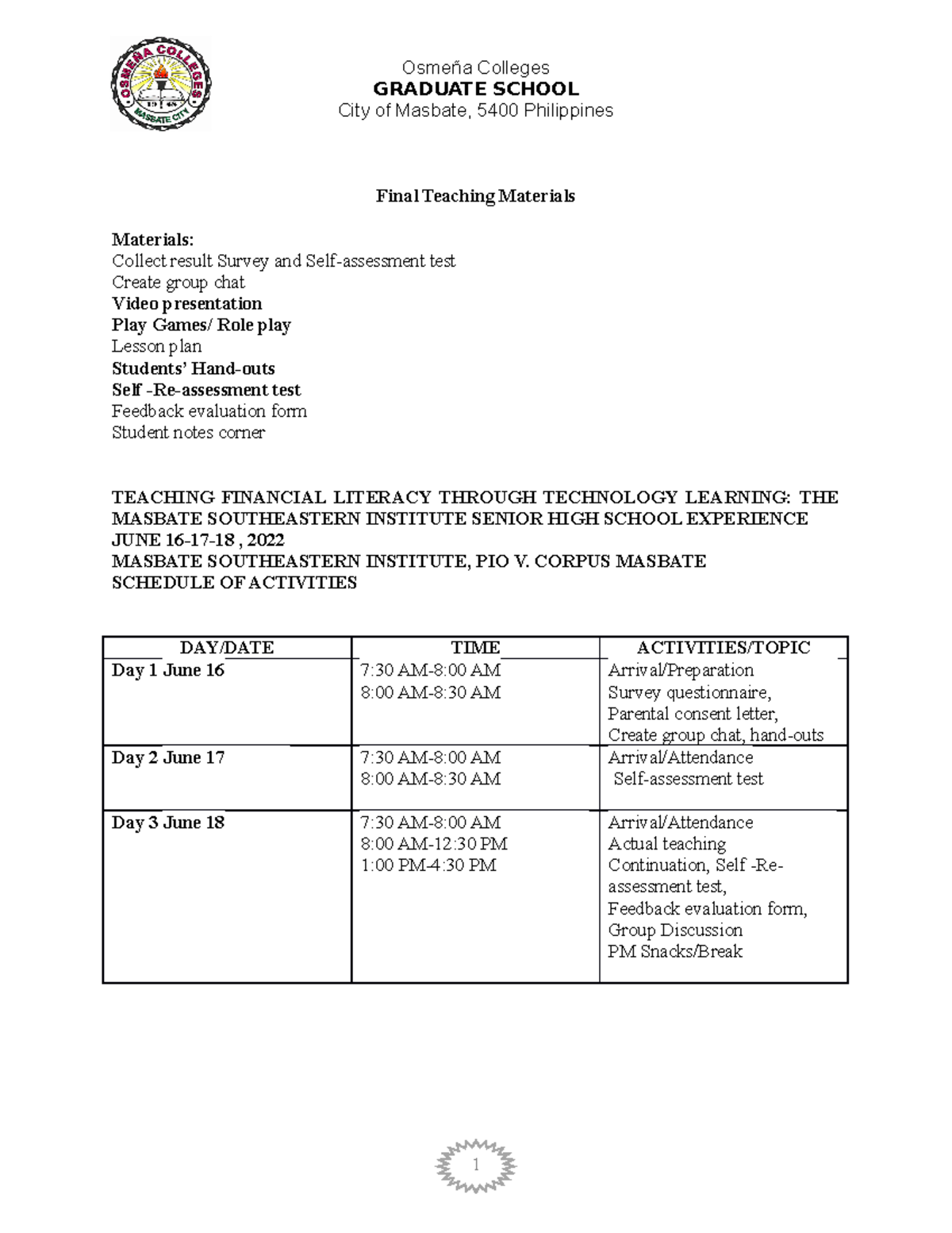 Final teaching materials - Osmeña Colleges GRADUATE SCHOOL City of Masbate, 5400 Philippines ...