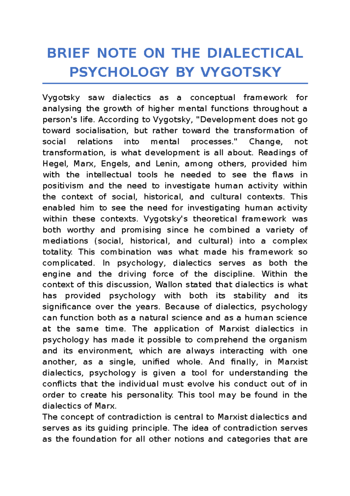 Brief NOTE ON THE Dialectical Psychology BY Vygotsky - BRIEF NOTE ON ...