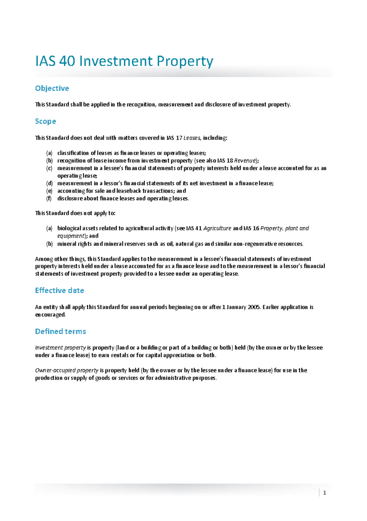 Week 6 - ias-40-investment-property notes - IAS 40 Investment Property ...