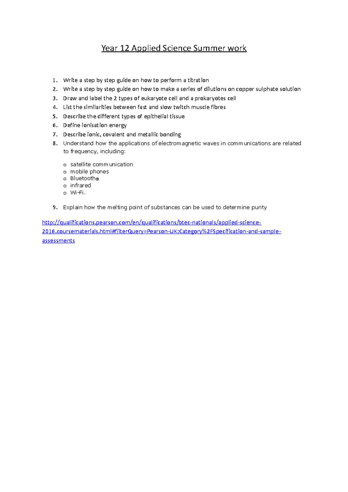 Applied Science summer work 2 - Year 12 Applied Science Summer work 1 ...
