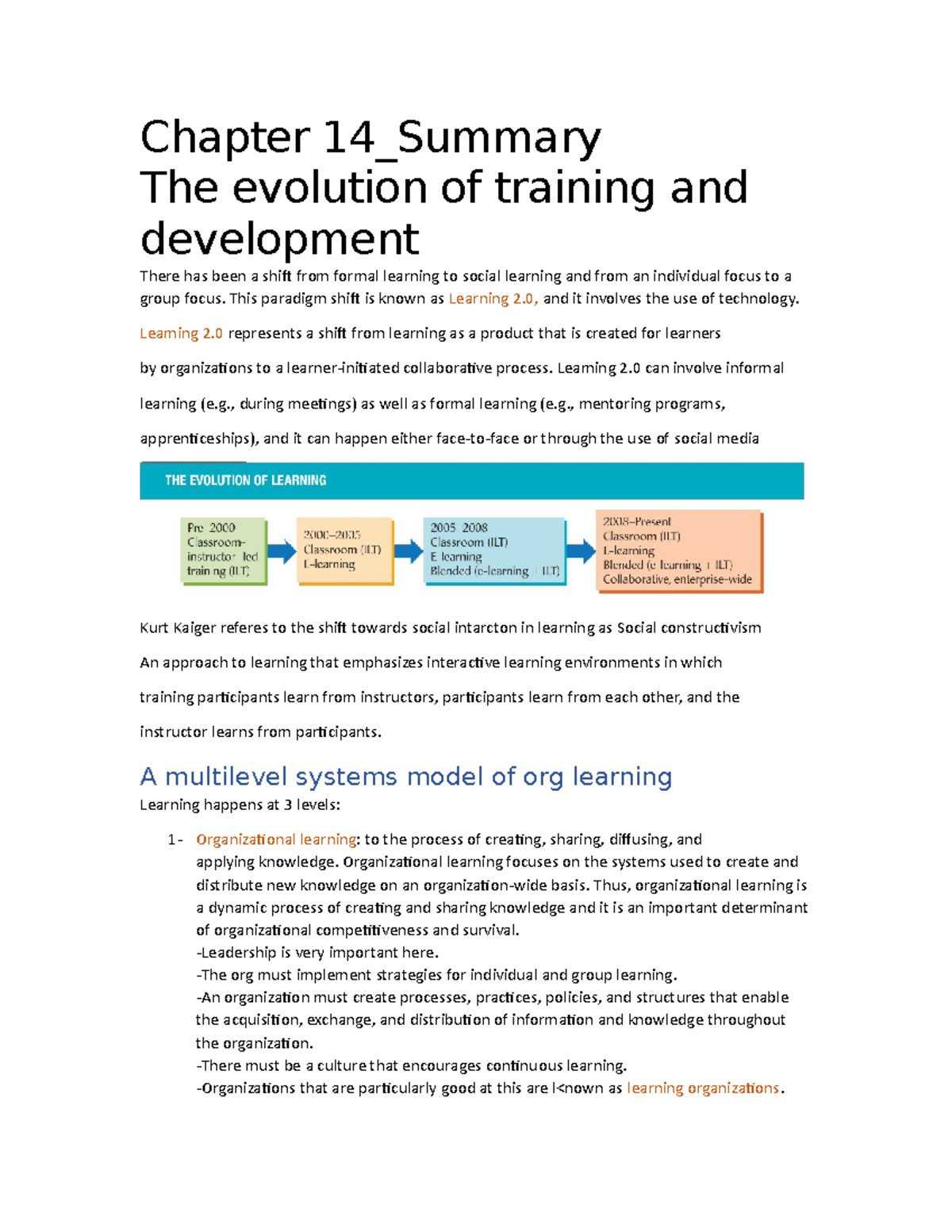 Chapter 14 summary - Chapter 14_Summary The evolution of training and ...