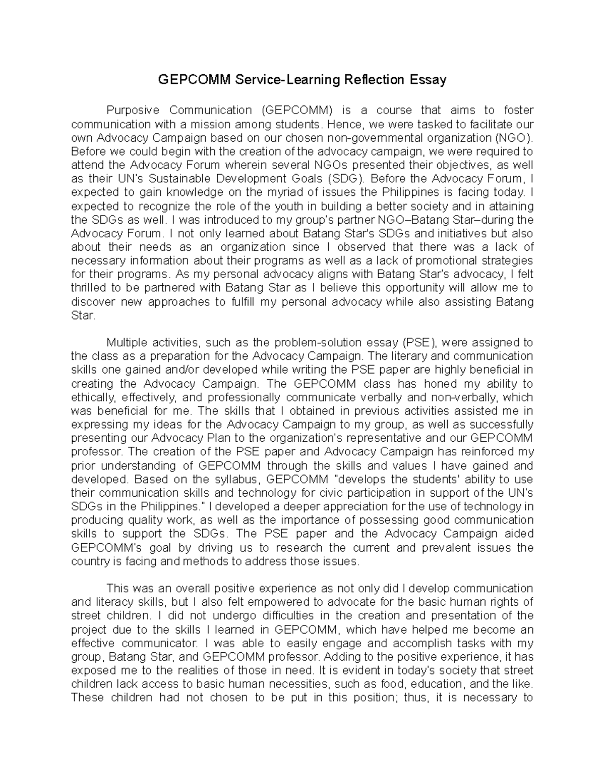 Advocacy Campaign Exit Essay - GEPCOMM Service-Learning Reflection ...