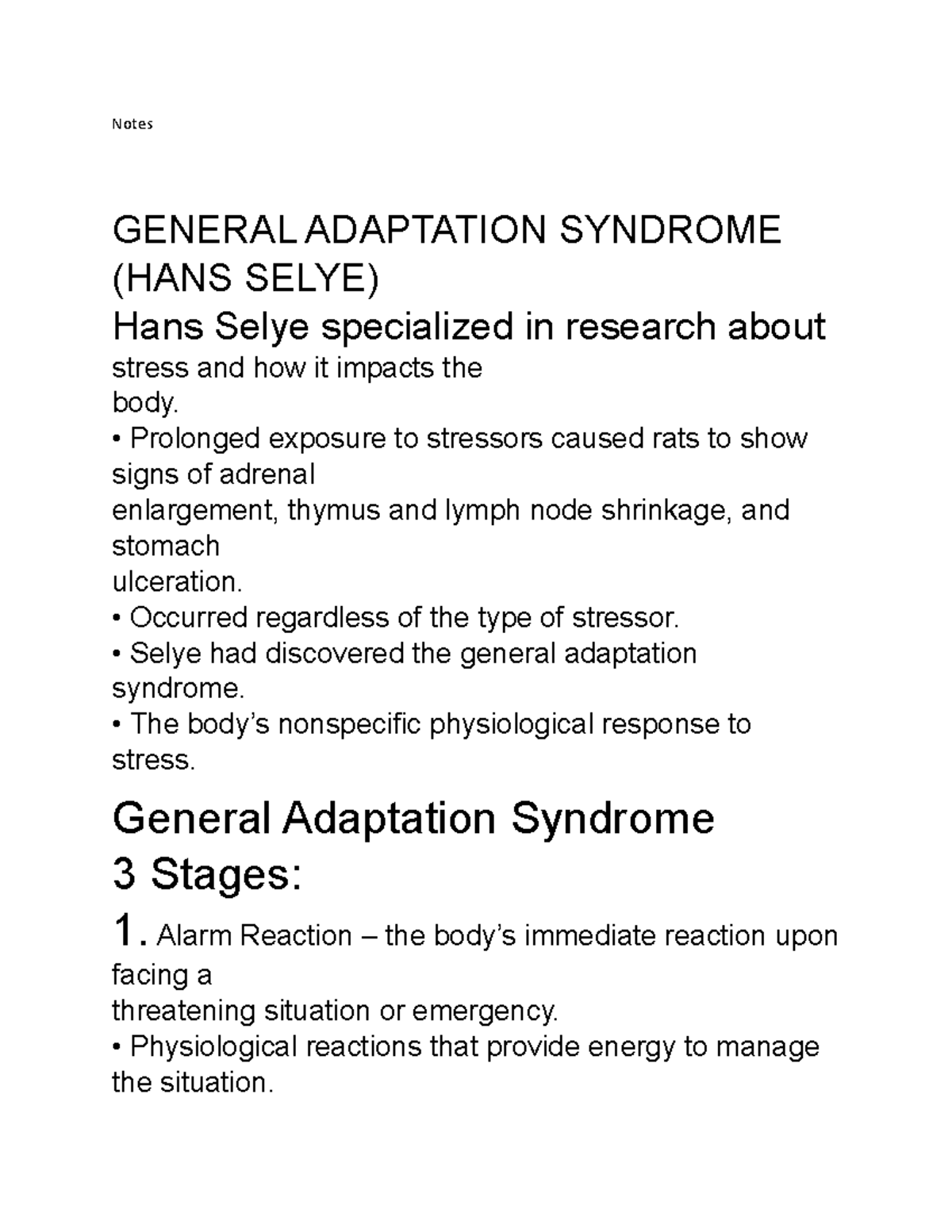 Document 104 - mind - Notes GENERAL ADAPTATION SYNDROME (HANS SELYE ...