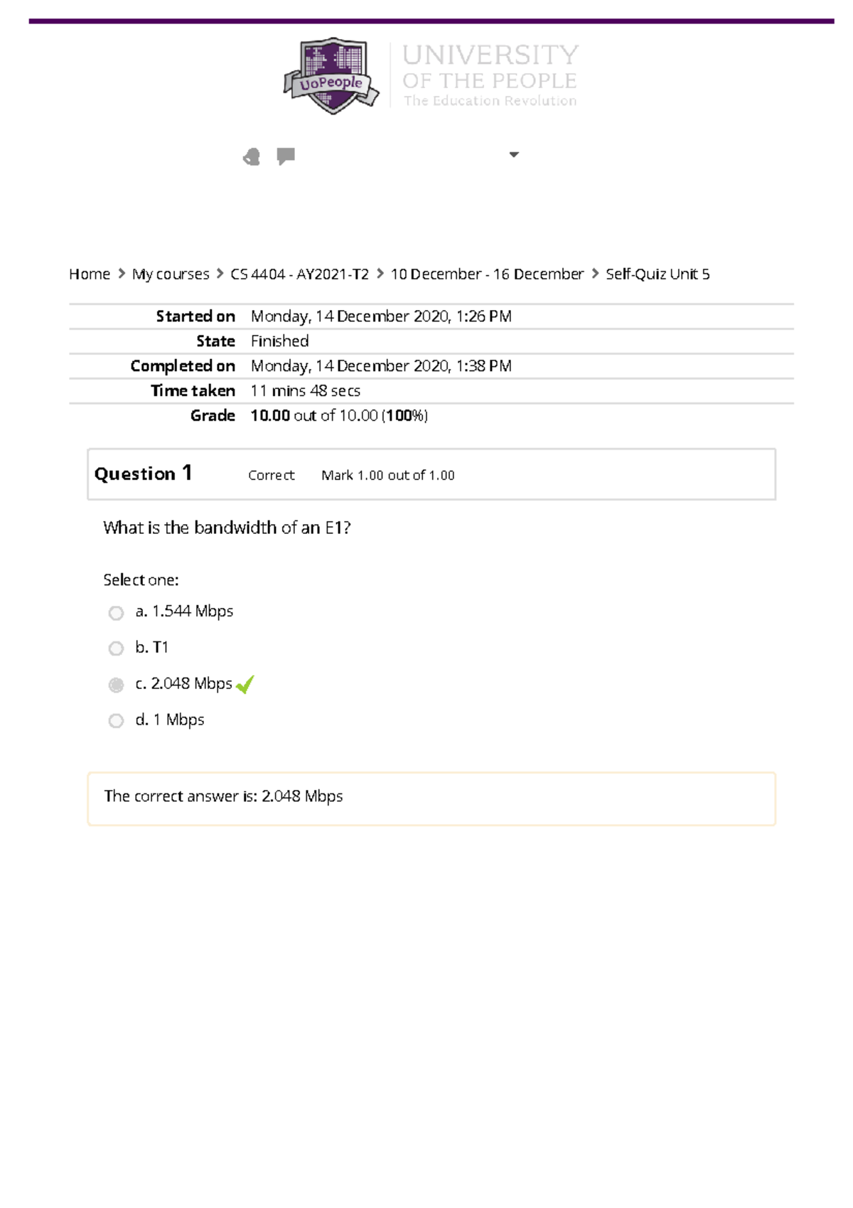 Self-Quiz Unit 5 Attempt review - Started on Monday, 14 December 2020, 1:26 PM State Finished ...