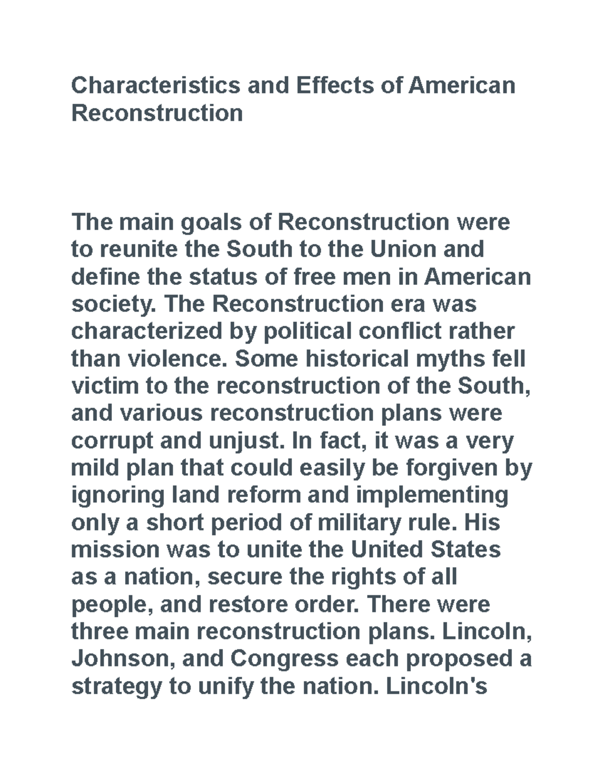 Characteristics and Impacts of American Reconstruction ...
